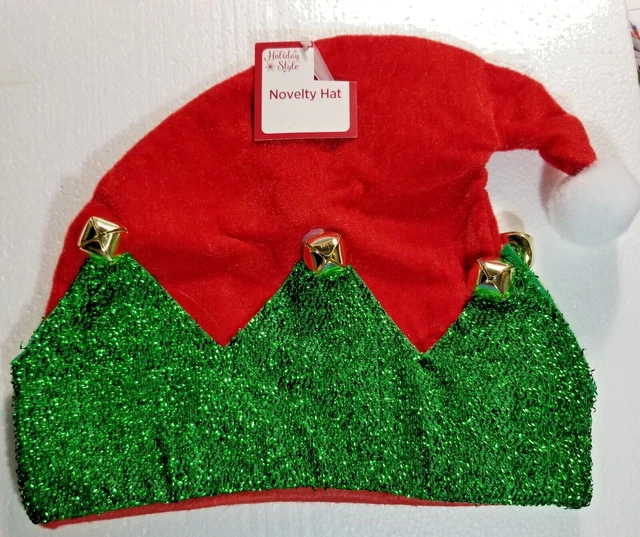 ADULT ELF Hat Gold jingle Bells Pom-Pom Green & Red Sparkle Holiday ...