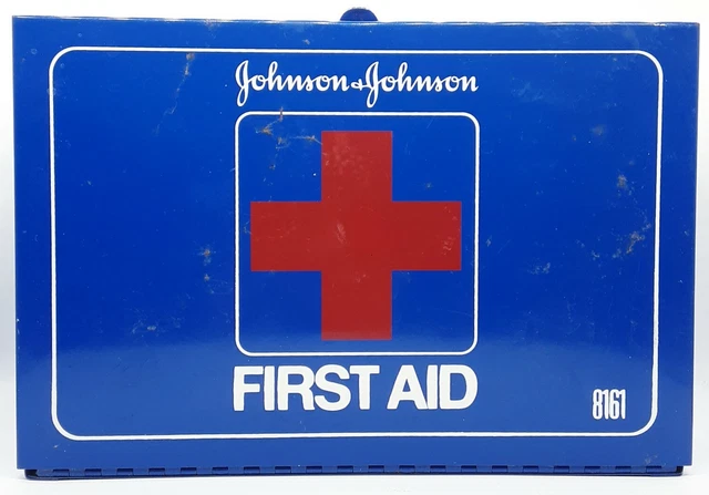 VINTAGE METAL JOHNSON & Johnson First Aid Kit BOX ONLY Cobalt Blue ...