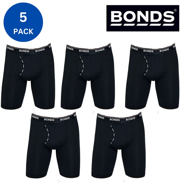 5 PACK BONDS Mens Guyfront Microfibre Long Trunk Boxer Underwear Black ...