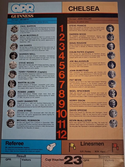 QUEENS PARK RANGERS v Chelsea 31st March 1986 £2.24 - PicClick UK