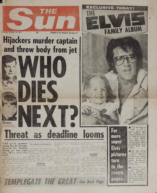 THE SUN NEWSPAPER 18 Oct 1977 . Elvis Presley Family Album Photos Front ...