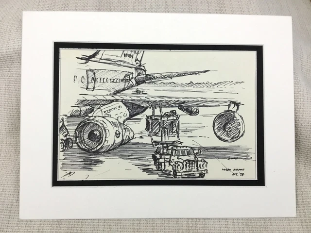 1978 ORIGINAL INK Drawing TWA Boeing 747 Aircraft Boston Logan Airport ...
