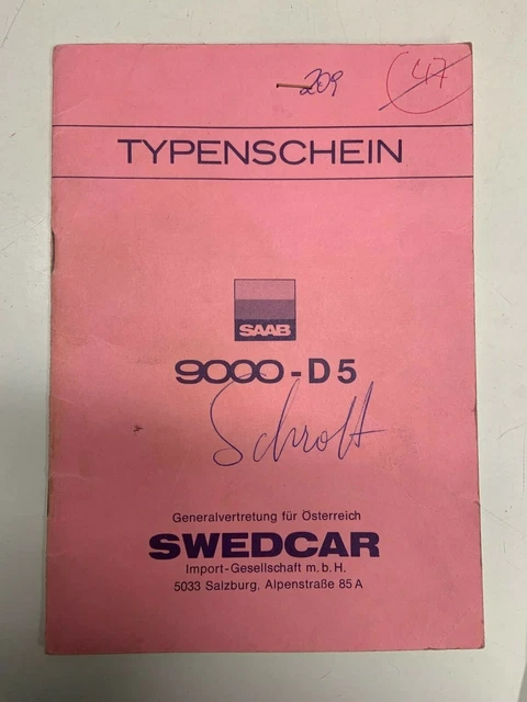 SAAB 9000 D5 Scania Typengenehmigung 1988 Typenschein Datenblatt EUR 50 ...