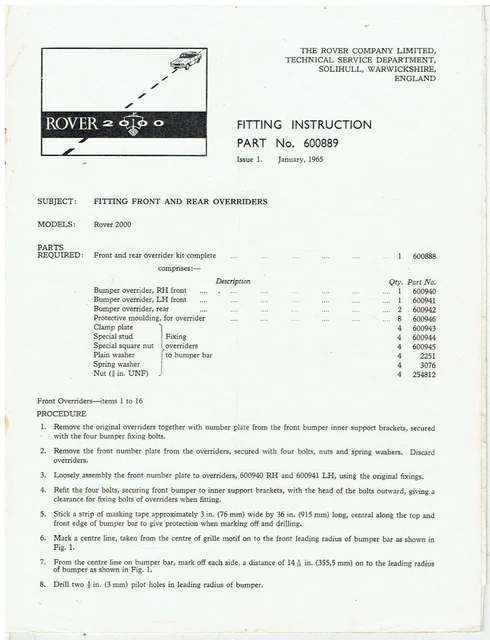 ROVER P6 2000 Saloon 1965 Front & Rear Overriders Fitting Instructions ...