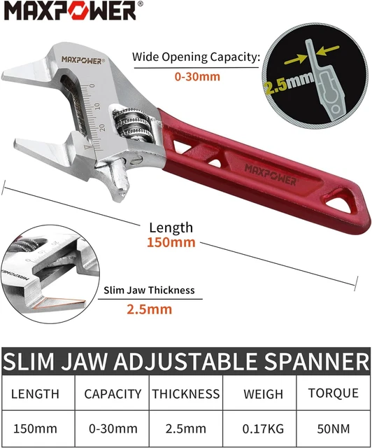SLIM JAW ADJUSTABLE Wrench Spanner 150mm/6-Inch Opening 30mm Thickness ...