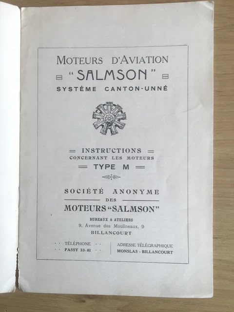 RARE NOTICE TECHNIQUE Moteurs D'aviation Salmson Moteur D'aviation Type ...