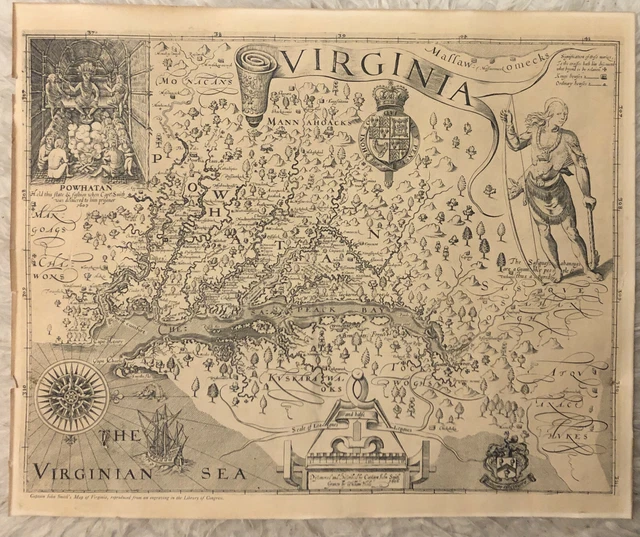 ANTIQUE CAPTAIN JOHN Smith's Map of Virginia, reproduced from an ...