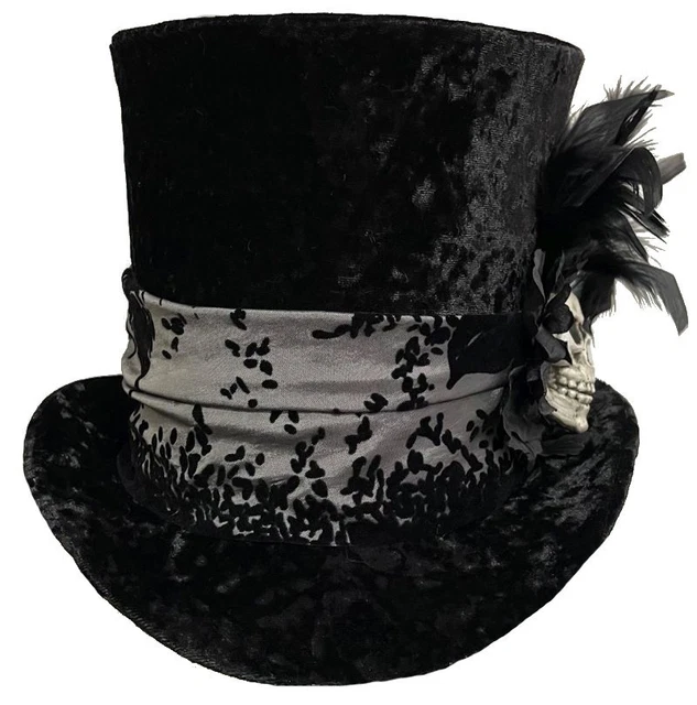 TALL TOP HAT Black Velvet Silver Grey Skull Rose Gothic Vampire ...