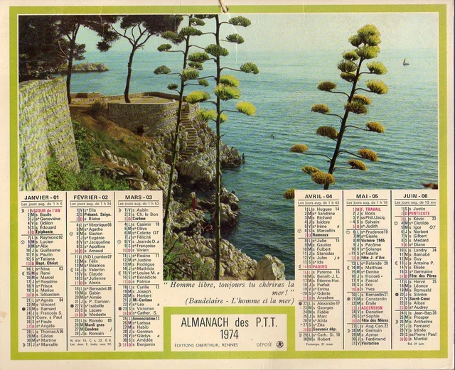 CALENDRIER ALMANACH DES PTT 1974 + COTE D'OR + Bords de mer + Oberthur ...