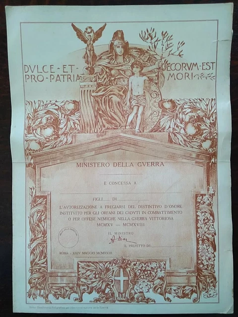 DIPLOMA PER ORFANI Dei Caduti Di Guerra. MCMXV - MCMXVIII Guerra EUR 24 ...