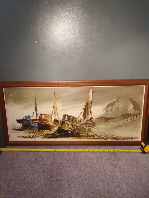 BILL HAWKES LARGE Original Oil Painting On Board - Boats Tied Up Signed ...