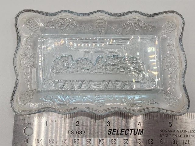VINTAGE LAST SUPPER Butter Plate Dish Icy Ocean Blue Glass 5 1/2" x 3 1 ...