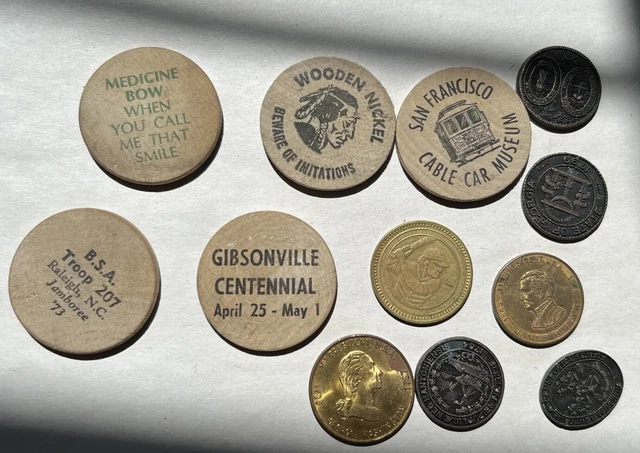 12 TOKENS COINS Washington Polk wooden nickels state seals batting cage ...