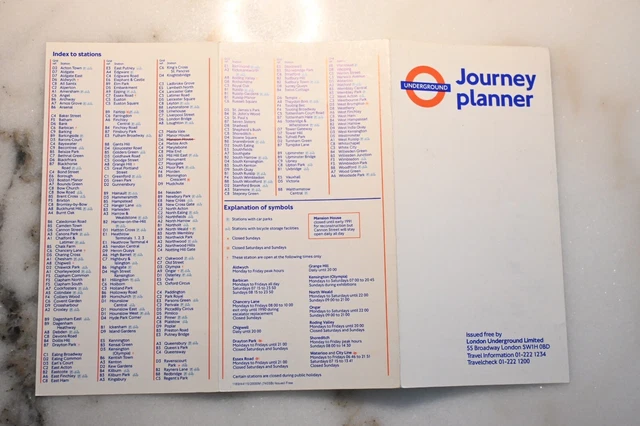 LONDON UNDERGROUND TUBE Map November 1989 (Ref 1189/44115/2000M (7403B ...