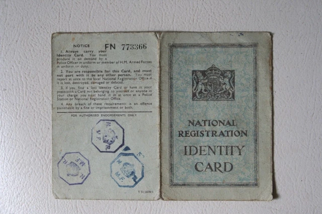 WW2 BRITISH NATIONAL Registration Identity Card Batley 1943 Issue £5.00 ...