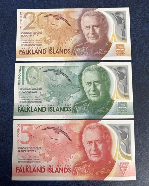 FALKLAND ISLANDS COMPLETE SET 5-10-20 Pounds 2025 King Charles III UNC ...