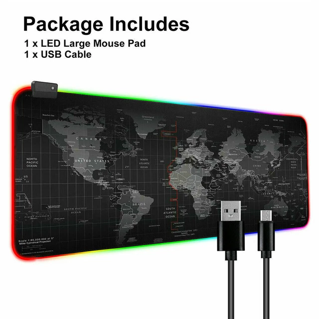 WORLD MAP RGB LED Extra Large Soft Gaming Mouse Pad Oversized Glowing ...