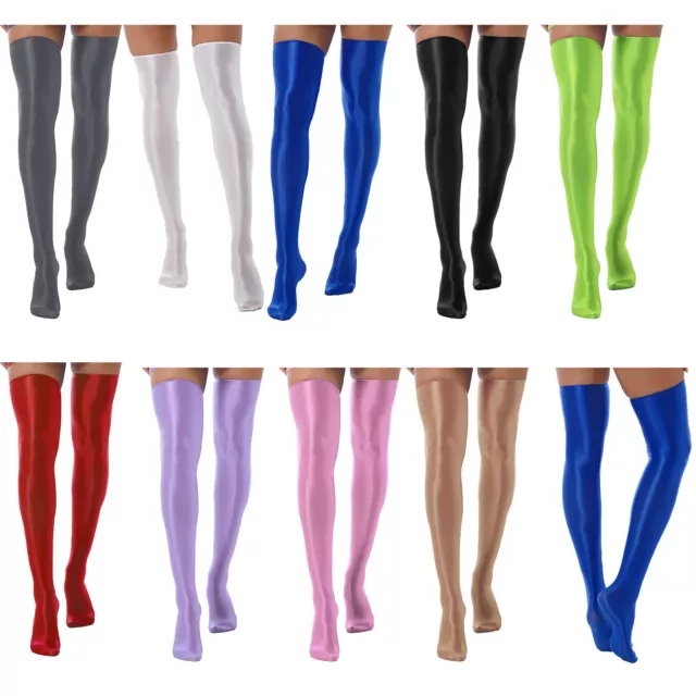 1pair Women Oil Shiny Stockings Stretchy Nylon Footed Thigh High
