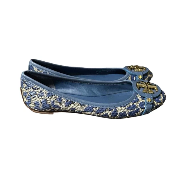 TORY BURCH AADEN Ballet Blue Leopard Raffia Print Slip On Ballet Flats ...
