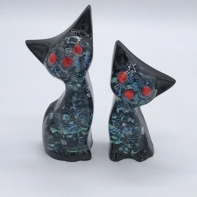 VINTAGE MCM STYLE Genuine Paua Shell Lucite Acrylic Cat Figurines New ...