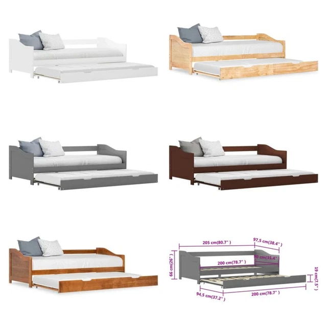 DAY BED PULL-OUT Sofa Wooden Bed Frame Daybed Trundle Solid Wood 2 Beds Casters £204.95 ...