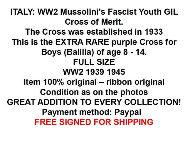 ITALY WW2 MEDAL MUSSOLINI Fascist Youth GIL CROSS Purple Fascism ...