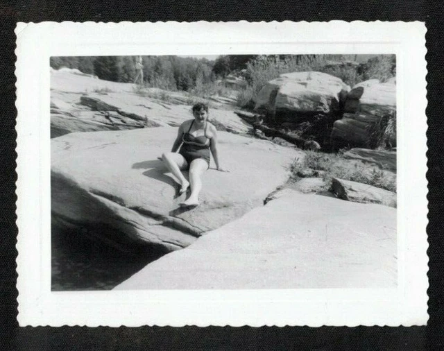 ANTIQUE PHOTOGRAPH SEXY Woman in Bathing Suit Sitting on Rock by Water ...