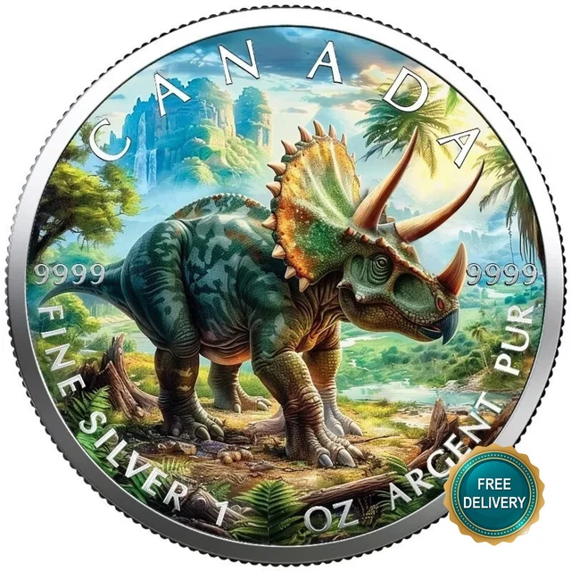 2025 1OZ SILVER Canada Triceratops Dinosaur Colorized Color Cert ONLY ...