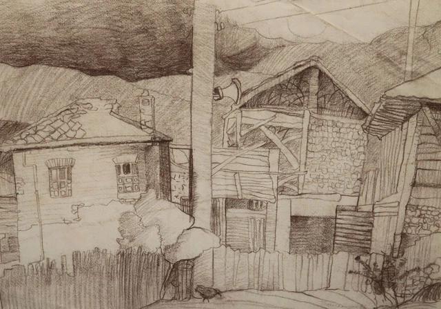 VINTAGE PASTEL DRAWING old town's houses and barns landscape £104.73 ...