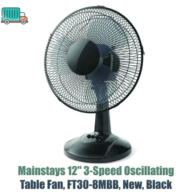 MAINSTAYS 12& 3-SPEED Oscillating Table Fan, FT30-8MBB, New, Black $23. ...