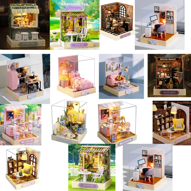 DIY MINIATUR WOODEN Dollhouse Room Kits Dust Cover LED Light Cottage ...