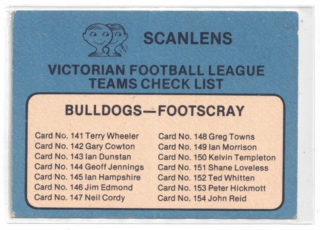 SCANLENS 1981 VFL Footy Card Footscray Bulldogs Checklist Logo Emblem ...