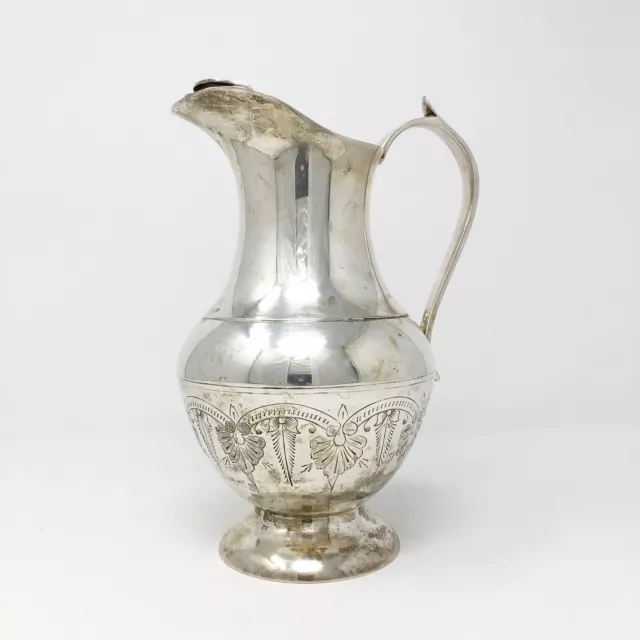 VINTAGE SILVER PLATE Water Pitcher With Ice Lip Engraved Floral Panel ...