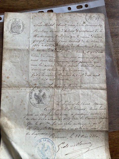 NAPOLÉON 3- MAIRIE de Bourdons - Tirage au sort-1860- M CLEMENT Maire ...