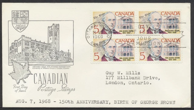 1968 #484 GEORGE Brown FDC Block Middlesex Stamp Circle Cachet Ottawa ...