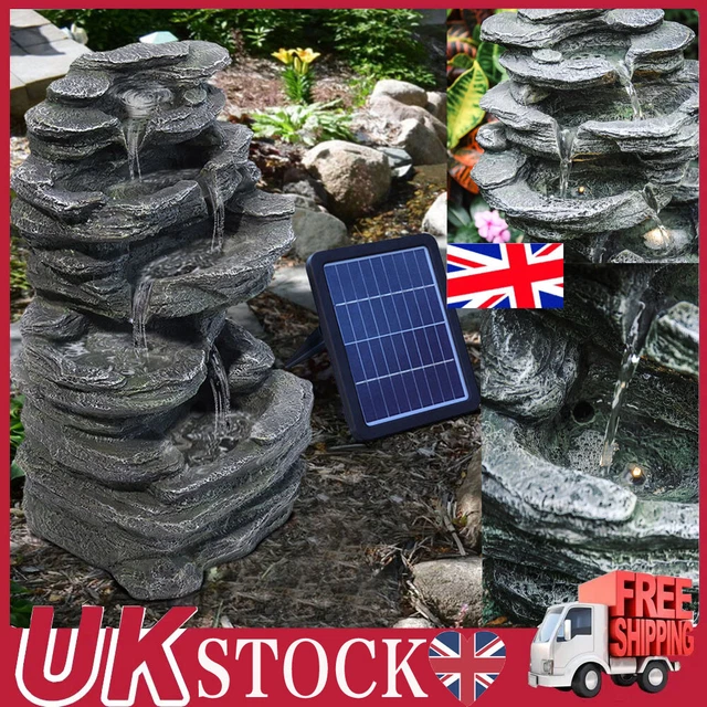 SOLAR ROCK CASCADING Fountain Outdoor Garden Water Feature LED Statue ...