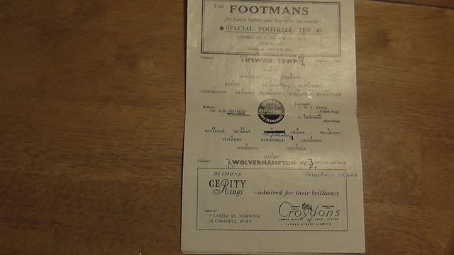 IPSWICH TOWN V Wolves 22Nd September 1962 £1.75 - PicClick UK