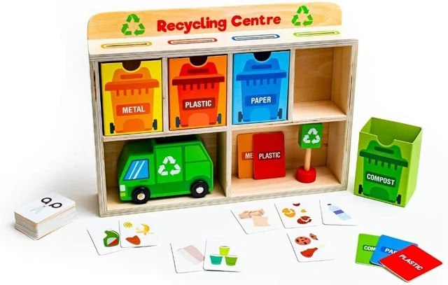WOODEN EDUCATIONAL RECYCLING Centre Playset Toy With Wooden Recycling ...