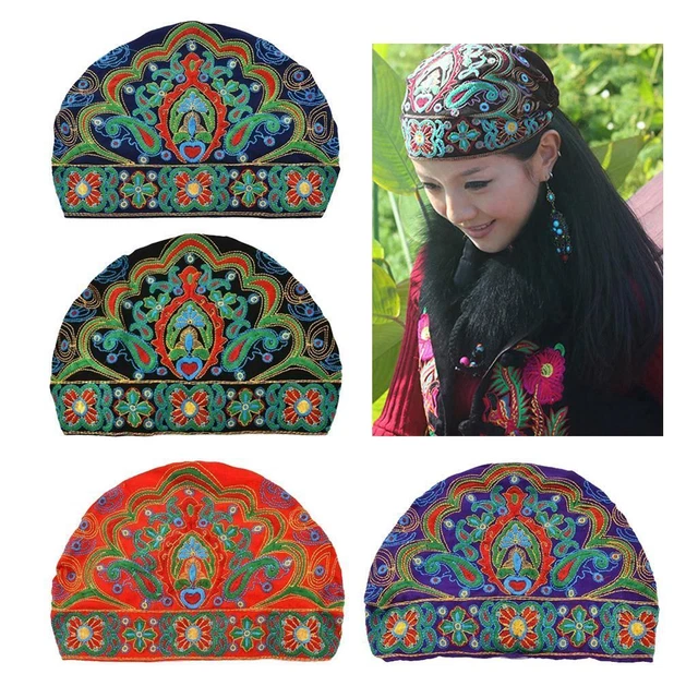 CHINESE ETHNIC STYLE Turban Hat Head Wrap Embroidered Floral Winter ...