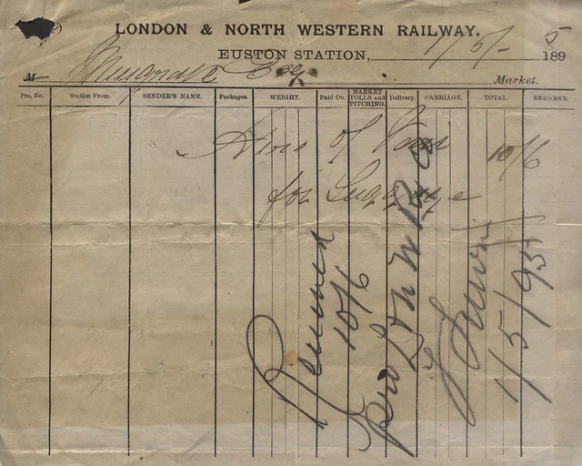 1895 LONDON & North Western Railway, Euston Station, Way Bill, Musgrave ...