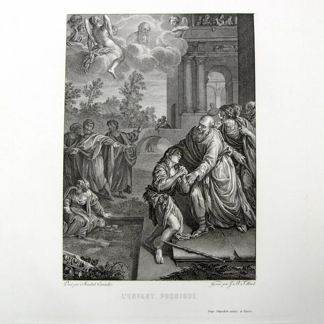 GRAVURE ENFANT PRODIGUE c1835 Annibal Carrache Carracci Tilliard ...
