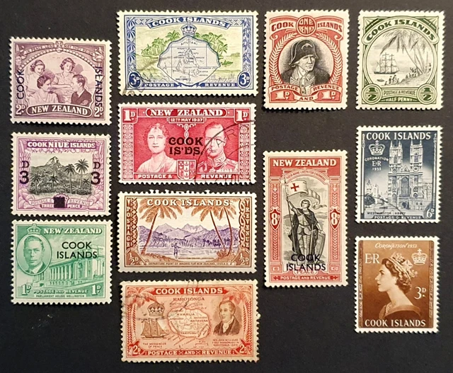 COOK ISLANDS 12 Stamps (inc 2 P14 issues) KGVI QEII Map Coronation + UM ...