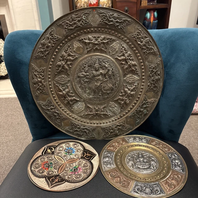 ANTIQUE INDIAN ASIAN Brass Copper Plaques Plates Wall Hanging Decor Set ...