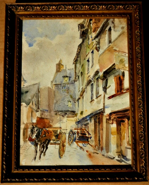 AQUARELLE ORIGINALE:RUE ANIMÉE en BRETAGNE.Encadrée. Ancienne. EUR 39,50 - PicClick FR