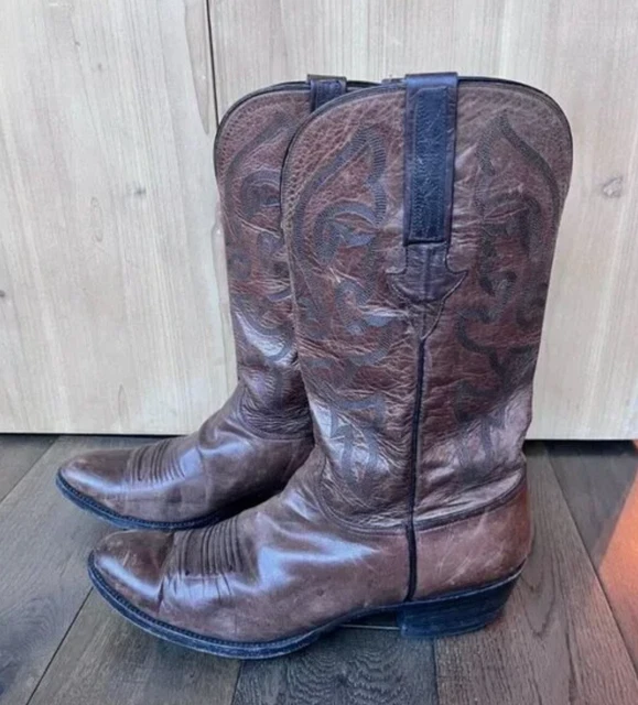 LUCCHESE MEN'S HANDMADE Cowboy Boots 11 Brown Leather Flame Stitch ...