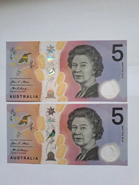 AUSTRALIAN $5 NOTES (Stevens/Fraser) x 2 - 1st New Generation Polymer ...