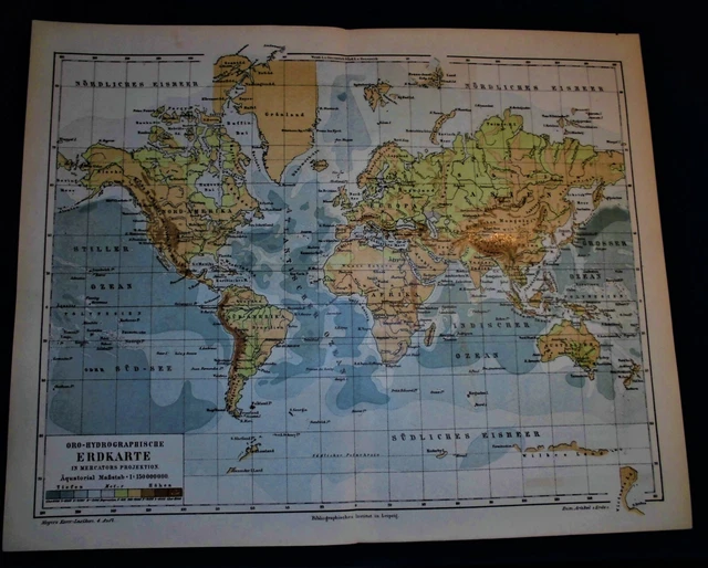 CARTE DE LA TERRE. ORO-CARTE DE LA TERRE HYDROGRAPHIQUE-COULEUR : dans la projection de Mercator ...