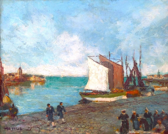 ANCIEN TABLEAU HUILE sur toile signé, Marine animée Port breton EUR 179,00 - PicClick FR