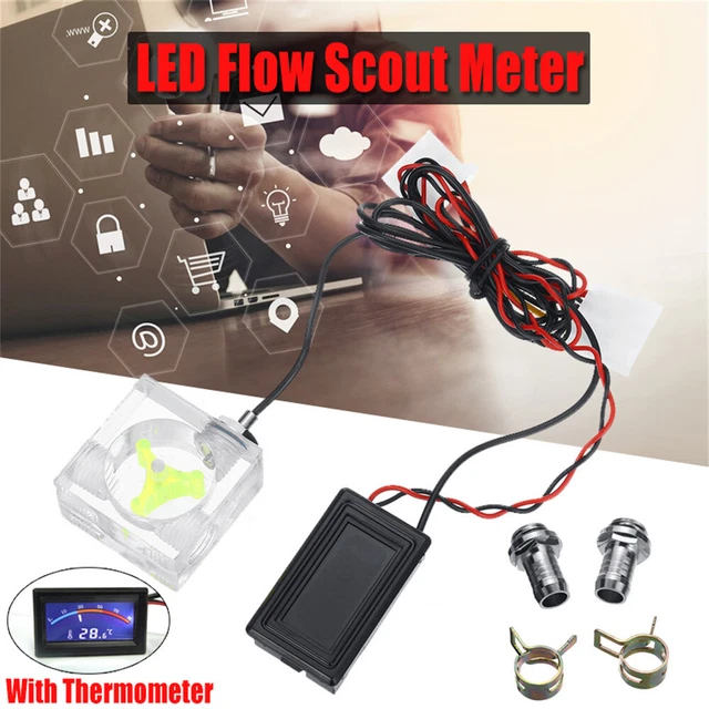 LED DIGITAL THERMOMETER 3 Way Flow Meter for PC Water Cooling Liquid ...