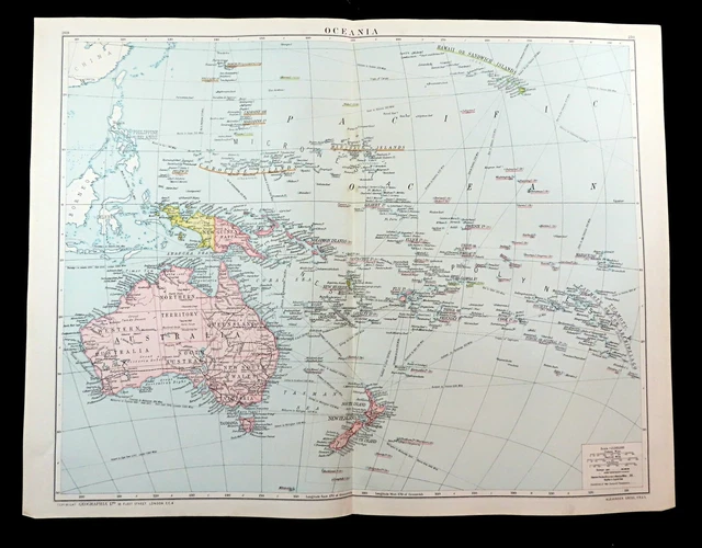 MAP OF OCEANIA Polynesia Pacific Islands Hawaii Post WW1 Antique Large ...